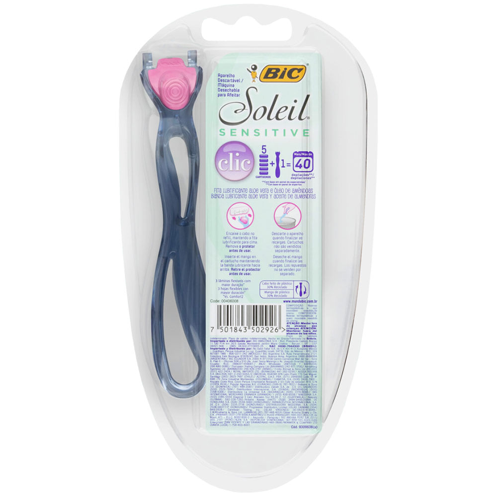APARELHO+LAMINA BIC SOLEIL CLIC COM 1 APARELHO + 5 CARTUCHOS SENSITIVE ...