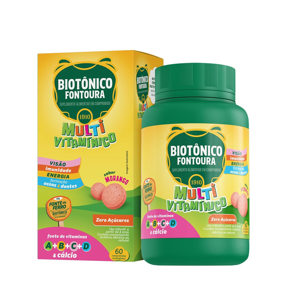 BIOTONICO MULTI VITAMINICO COM 60 COMPRIMIDOS MASTIGAVEIS MORANGO ...