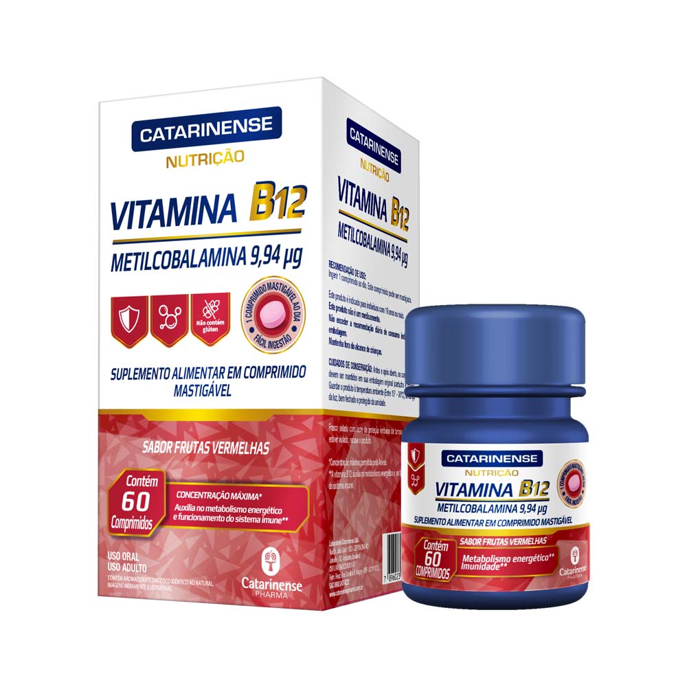 VITAMINA B12 CATARINENSE COM 60 COMPRIMIDOS MASTIGAVEIS SABOR FRUTAS ...