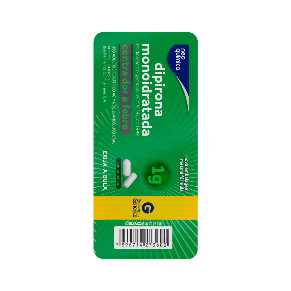DIPIRONA MONOIDRATADA 1GR NEO QUIMICA COM 4 COMRPIMIDOS GENERICO ...